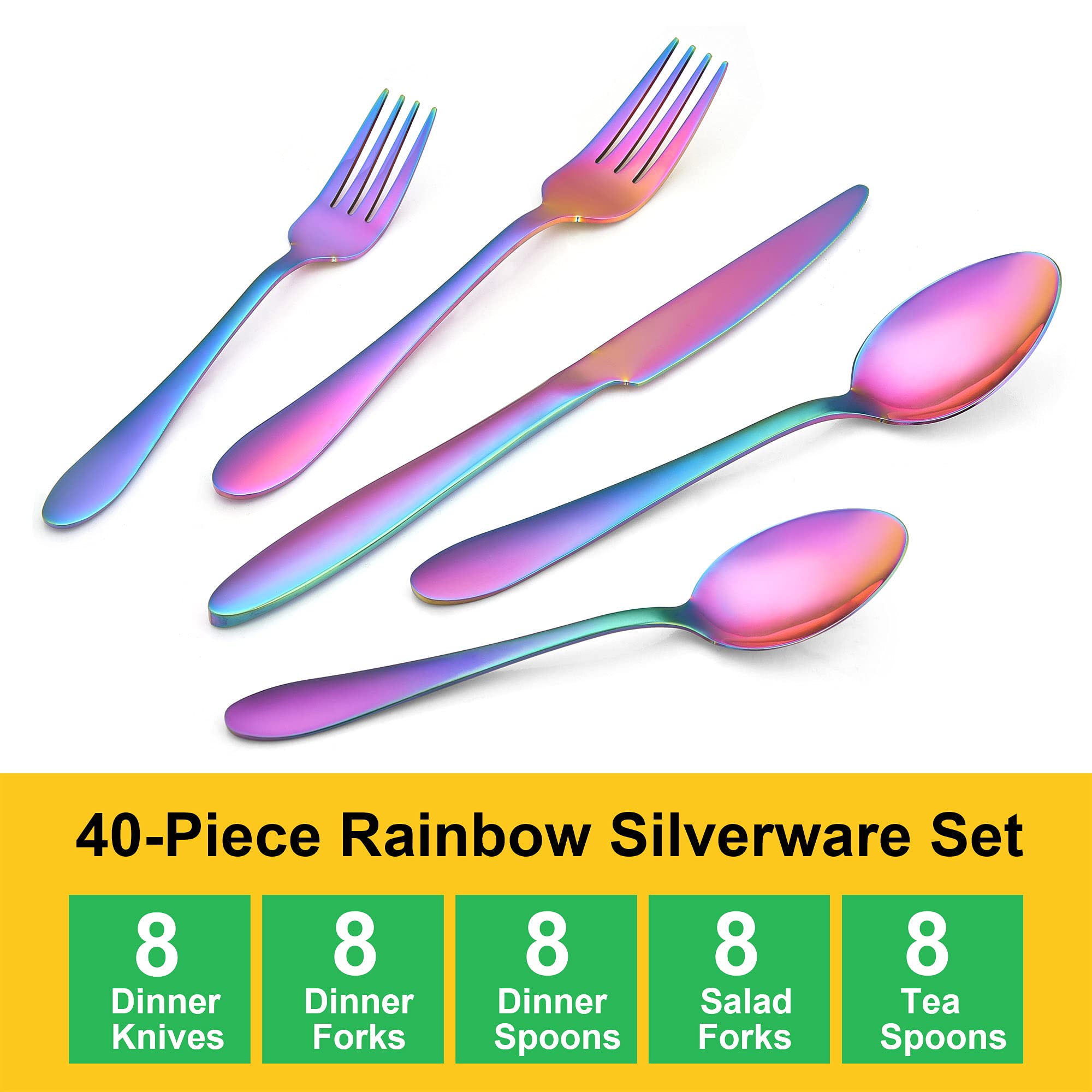 LIANYU 40-Piece Rainbow Silverware Set for 8, Stainless Steel Colorful Flatware Cutlery Set, Tableware Eating Utensils Include Forks Knives Spoons, Mirror Polished, Dishwasher Safe