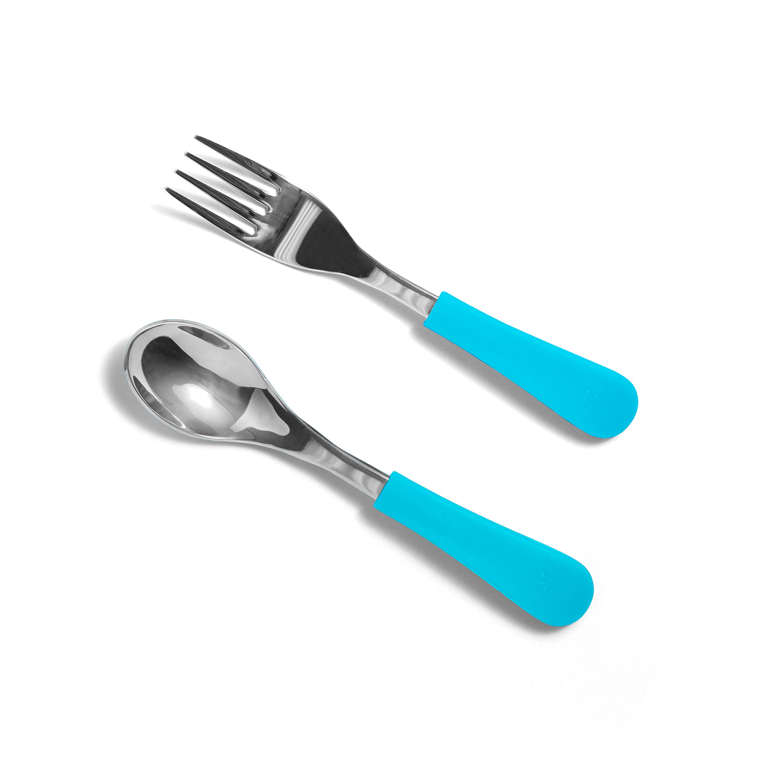 Avanchy Baby Spoons and Forks Stainless Steel and Silicone Set, Self Feeding Food Utensils, 4 Months Baby Led Weaning, 2 Pack, Blue Spoon, Fork