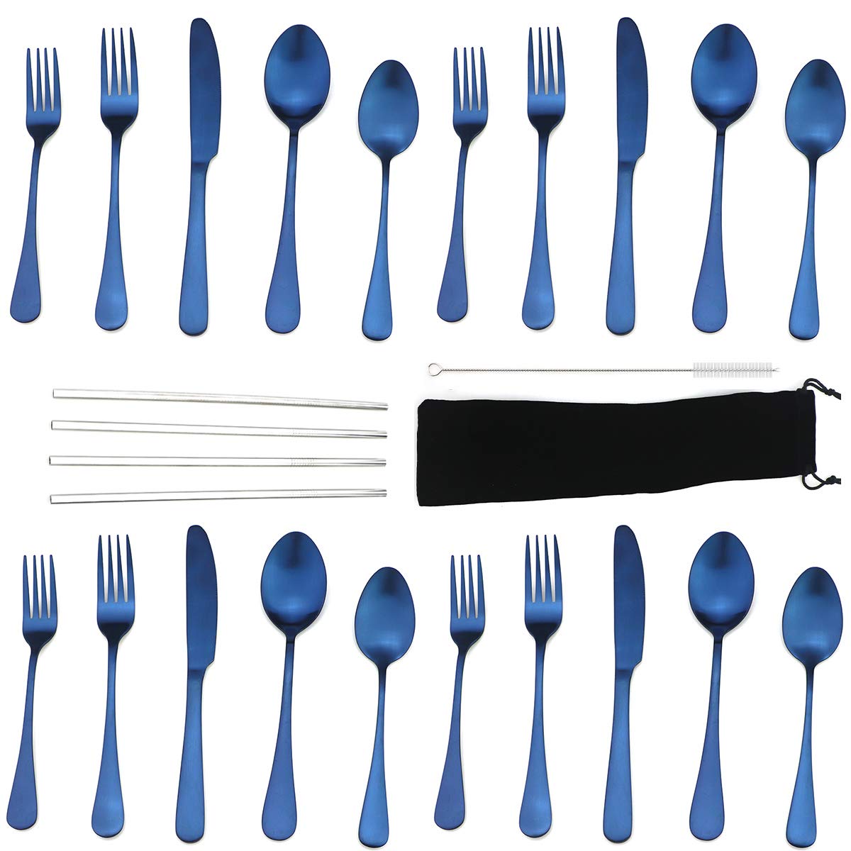 JASHII Modern Royal 20 Pcs Blue 18/10 Stainless Steel Utensils Cutlery Dinnerware Set w/ 4 Pcs Straw, Knife Fork and Spoon Flatware Set for Wedding Festival Christmas Party Service for 4