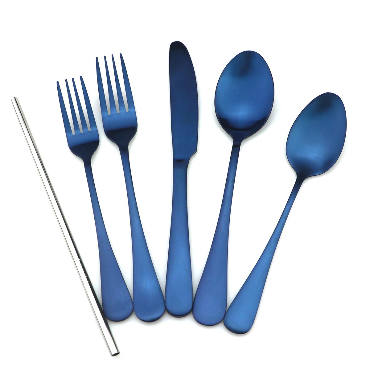 JASHII Modern Royal 20 Pcs Blue 18/10 Stainless Steel Utensils Cutlery Dinnerware Set w/ 4 Pcs Straw, Knife Fork and Spoon Flatware Set for Wedding Festival Christmas Party Service for 4