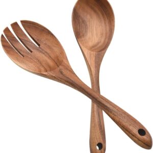 Wooden Acacia Salad Servers 10 in Set of Salad Mixing Dinner Fork and Spoon Home Kitchen Food Mixing Utensil Set (10 inch set)