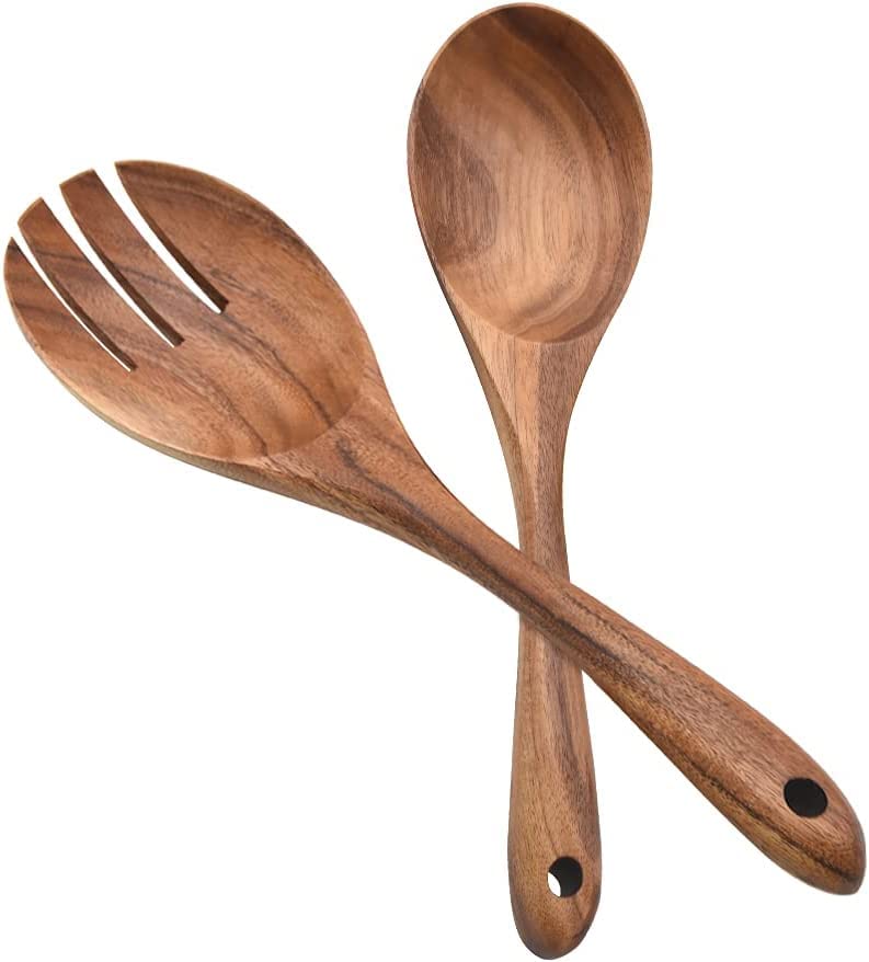 Wooden Acacia Salad Servers 10 in Set of Salad Mixing Dinner Fork and Spoon Home Kitchen Food Mixing Utensil Set (10 inch set)