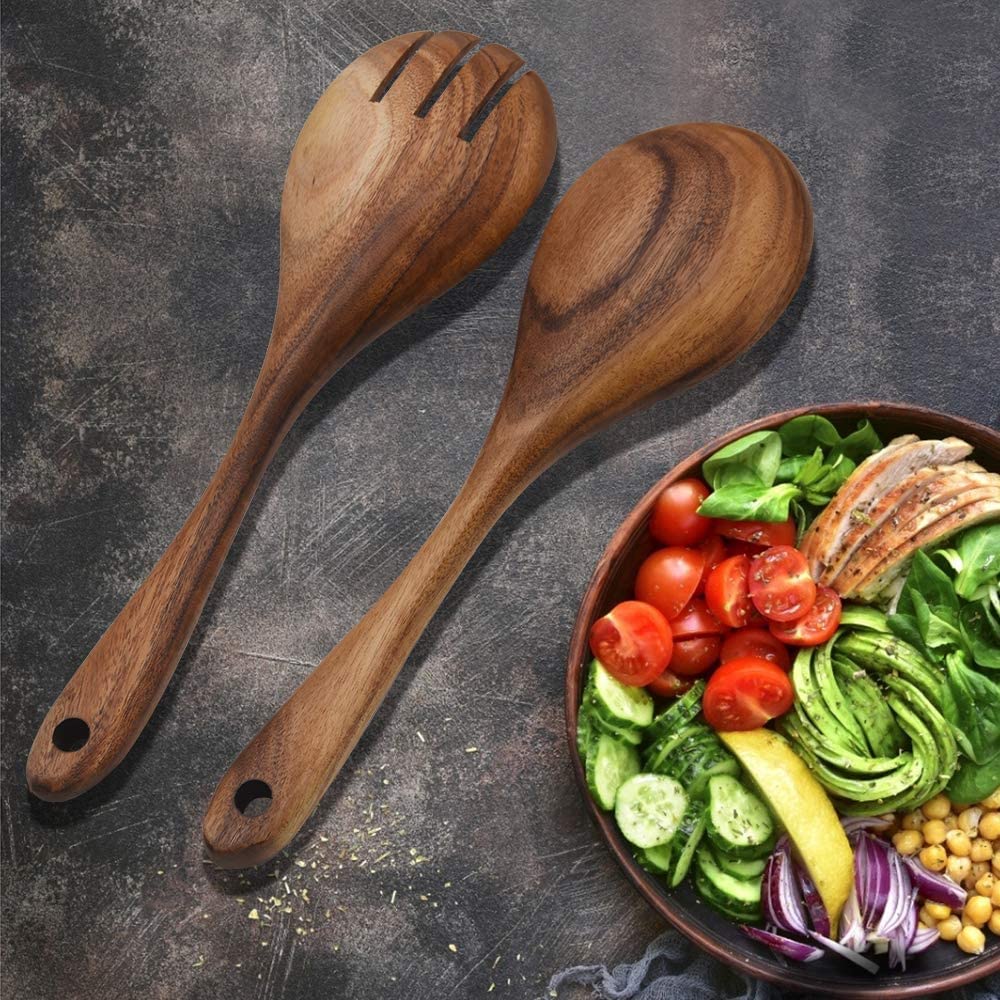 Wooden Acacia Salad Servers 10 in Set of Salad Mixing Dinner Fork and Spoon Home Kitchen Food Mixing Utensil Set (10 inch set)