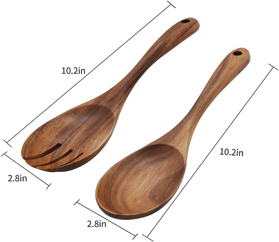 Wooden Acacia Salad Servers 10 in Set of Salad Mixing Dinner Fork and Spoon Home Kitchen Food Mixing Utensil Set (10 inch set)