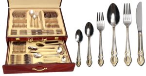 venezia collection "michelangelo" 75-piece fine flatware set, silverware cutlery dining service for 12, premium 18/10 surgical stainless steel, 24k gold-plated hostess serving set, wooden storage case