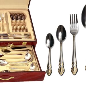 Venezia Collection "Michelangelo" 75-Piece Fine Flatware Set, Silverware Cutlery Dining Service for 12, Premium 18/10 Surgical Stainless Steel, 24K Gold-Plated Hostess Serving Set, Wooden Storage Case