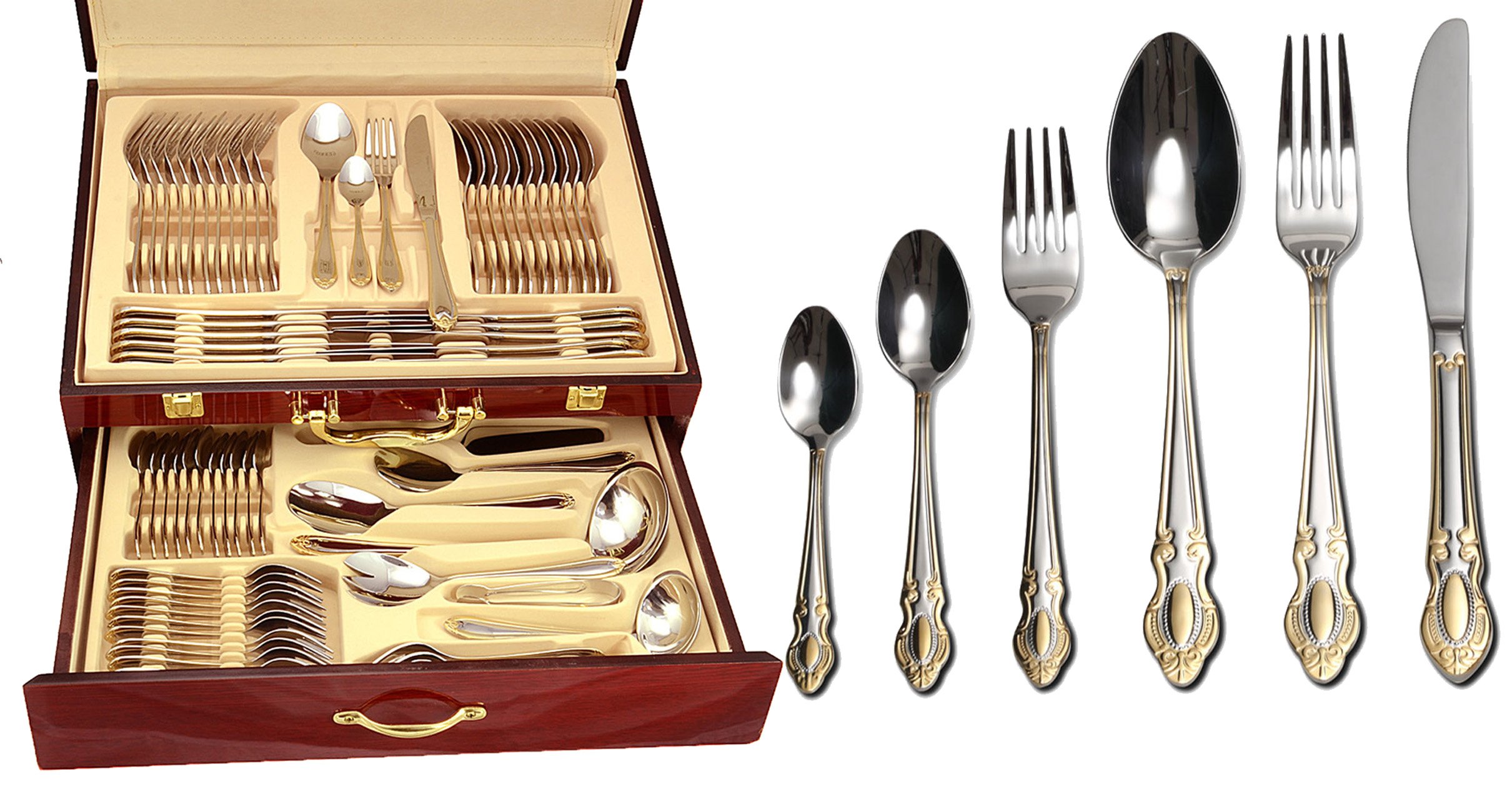 Venezia Collection "Michelangelo" 75-Piece Fine Flatware Set, Silverware Cutlery Dining Service for 12, Premium 18/10 Surgical Stainless Steel, 24K Gold-Plated Hostess Serving Set, Wooden Storage Case