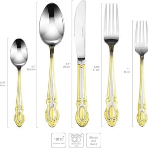 Venezia Collection "Michelangelo" 75-Piece Fine Flatware Set, Silverware Cutlery Dining Service for 12, Premium 18/10 Surgical Stainless Steel, 24K Gold-Plated Hostess Serving Set, Wooden Storage Case