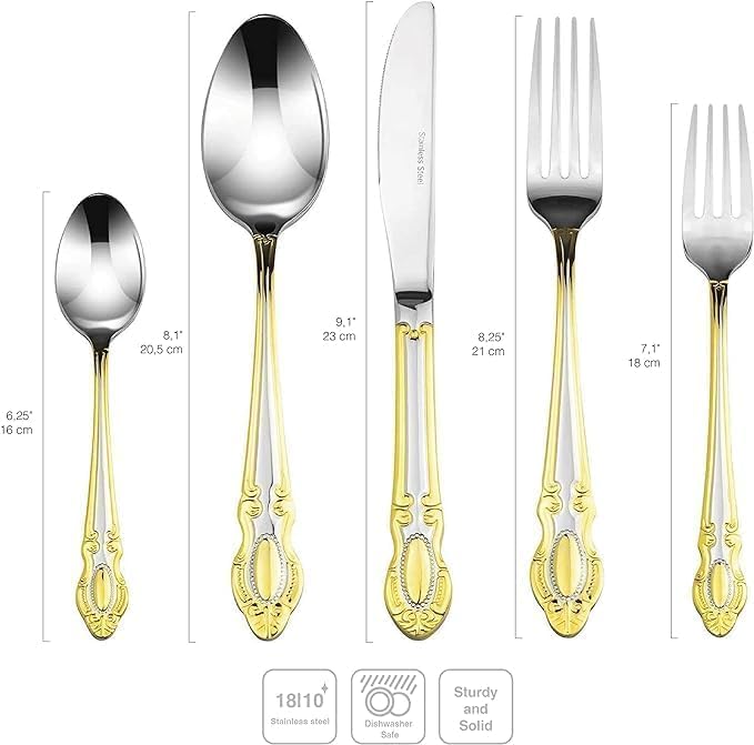 Venezia Collection "Michelangelo" 75-Piece Fine Flatware Set, Silverware Cutlery Dining Service for 12, Premium 18/10 Surgical Stainless Steel, 24K Gold-Plated Hostess Serving Set, Wooden Storage Case