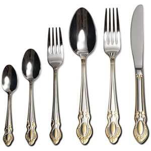 Venezia Collection "Michelangelo" 75-Piece Fine Flatware Set, Silverware Cutlery Dining Service for 12, Premium 18/10 Surgical Stainless Steel, 24K Gold-Plated Hostess Serving Set, Wooden Storage Case