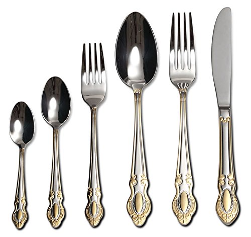 Venezia Collection "Michelangelo" 75-Piece Fine Flatware Set, Silverware Cutlery Dining Service for 12, Premium 18/10 Surgical Stainless Steel, 24K Gold-Plated Hostess Serving Set, Wooden Storage Case