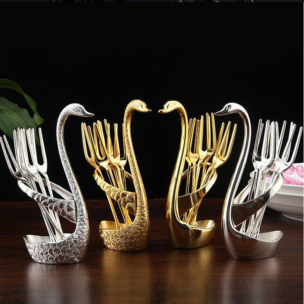 Coffee Dessert Spoon Set,Teaspoon Fruit Dessert Flatware Swan Base Holder Metal Coffee Spoon Organizer with 6pcs Coffee Dessert Sugar Ice Cream Spoons for Coffee Fruit Dessert Ice Cream Cake (Gold)