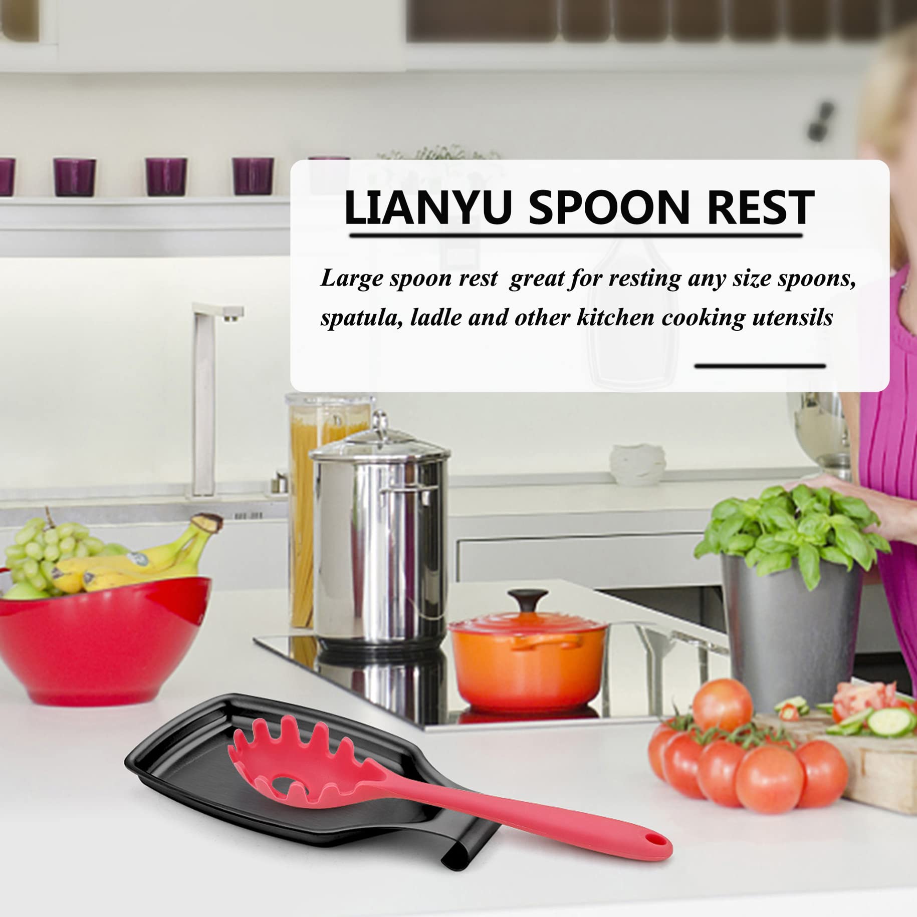 LIANYU Black Spoon Rest for Kitchen Counter, Stainless Steel Spoon Holder for Stove Top, Spatula Spoon Ladle Utensil Holder with Square Bottom, Heavy Duty, Dishwasher Safe