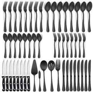 lianyu 53-piece matte black silverware set with steak knives and serving utensils, modern stainless steel flatware cutlery set for 8, fancy eating utensils tableware, dishwasher safe