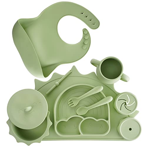 Baby Pastels - Baby Feeding Set - Baby Led Weaning Supplies - Silicone Suction Utensils/Cutlery/Dishes/Dinnerware for 6-36 months - Bowl, Plate, Spoon Fork, Bib, Placemat, Cup 11 Pieces (Pastel Green)