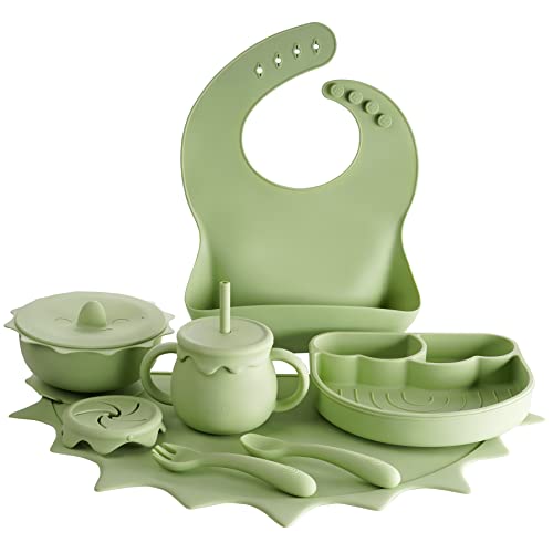 Baby Pastels - Baby Feeding Set - Baby Led Weaning Supplies - Silicone Suction Utensils/Cutlery/Dishes/Dinnerware for 6-36 months - Bowl, Plate, Spoon Fork, Bib, Placemat, Cup 11 Pieces (Pastel Green)