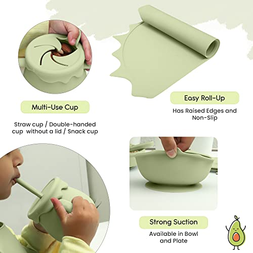 Baby Pastels - Baby Feeding Set - Baby Led Weaning Supplies - Silicone Suction Utensils/Cutlery/Dishes/Dinnerware for 6-36 months - Bowl, Plate, Spoon Fork, Bib, Placemat, Cup 11 Pieces (Pastel Green)