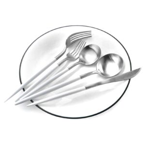 Gugrida White Silver Flatware, Royal 20-Piece Matte White Handle 18/10 Stainless Steel Tableware Sets for 4 Including Forks Spoons Knives, Camping Silverware Travel Utensils Set Cutlery (White Silver)