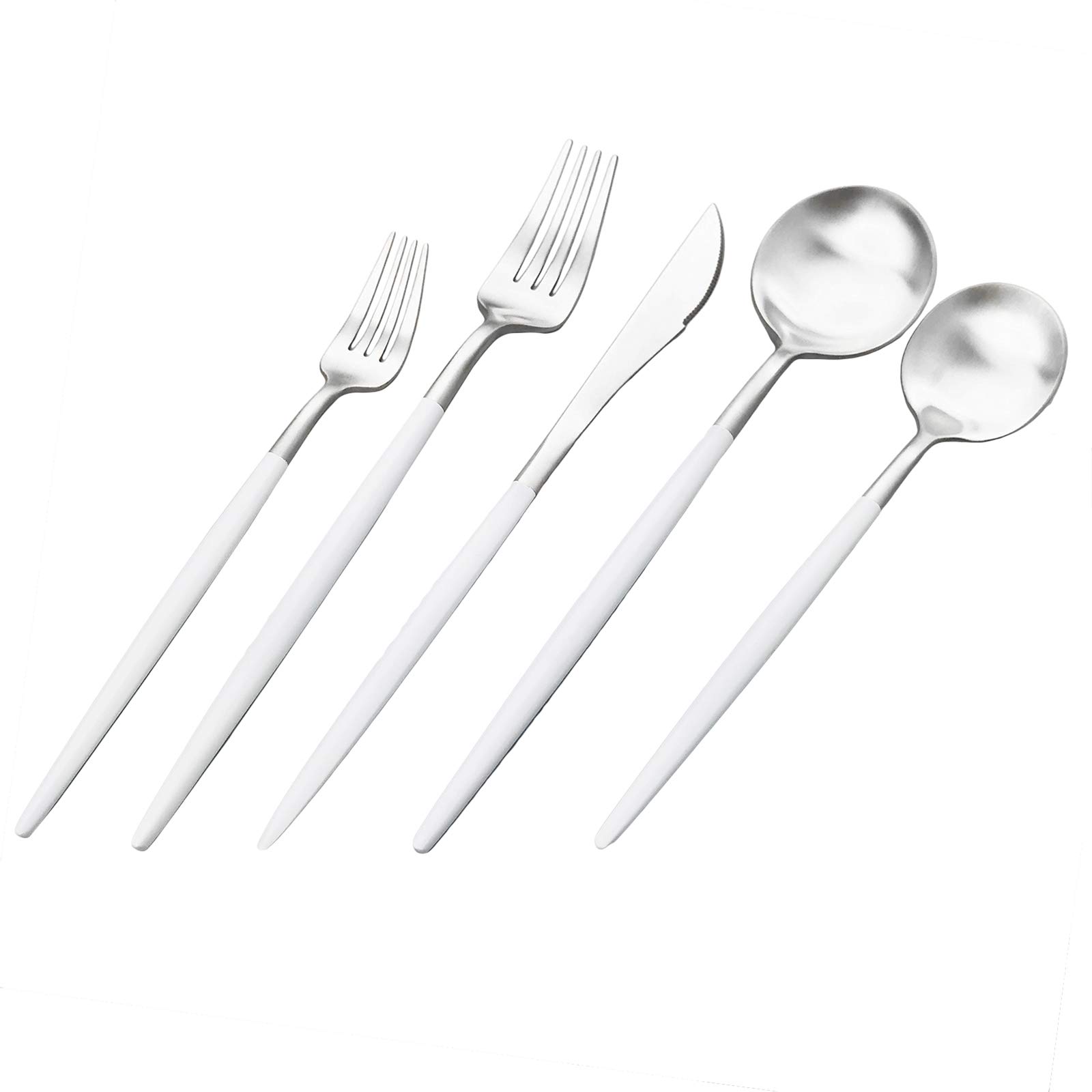 Gugrida White Silver Flatware, Royal 20-Piece Matte White Handle 18/10 Stainless Steel Tableware Sets for 4 Including Forks Spoons Knives, Camping Silverware Travel Utensils Set Cutlery (White Silver)