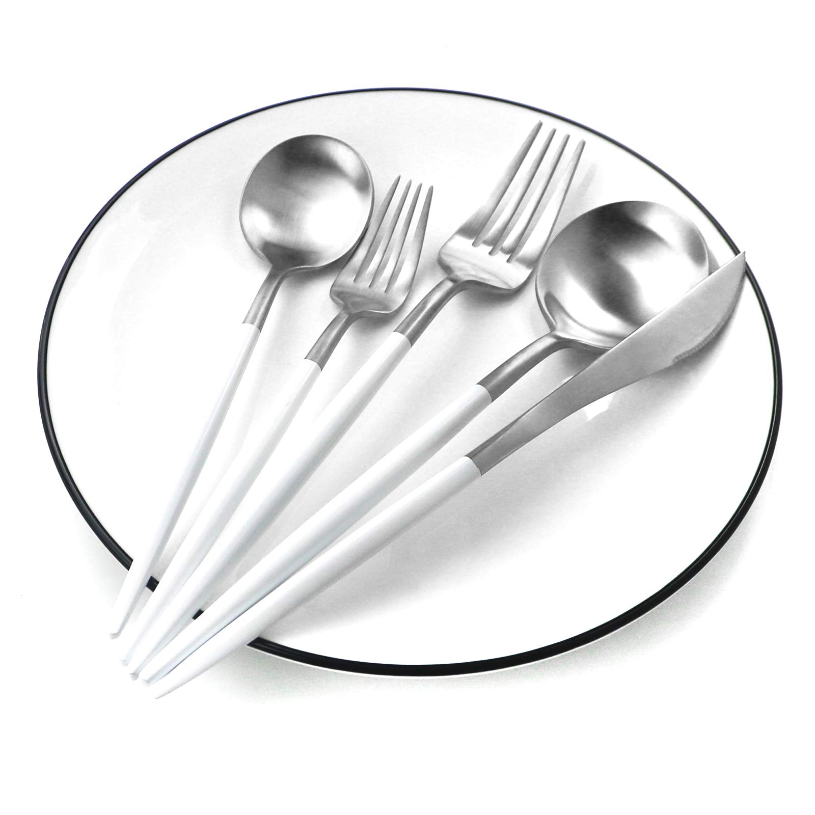 Gugrida White Silver Flatware, Royal 20-Piece Matte White Handle 18/10 Stainless Steel Tableware Sets for 4 Including Forks Spoons Knives, Camping Silverware Travel Utensils Set Cutlery (White Silver)