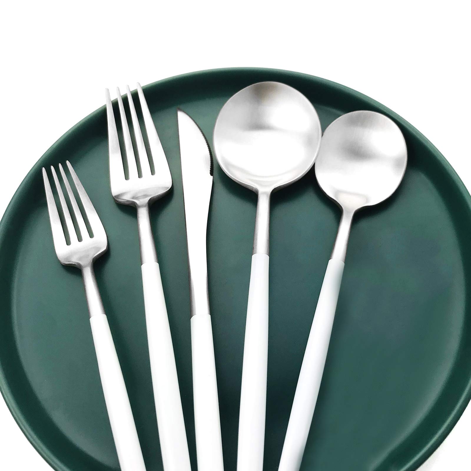 Gugrida White Silver Flatware, Royal 20-Piece Matte White Handle 18/10 Stainless Steel Tableware Sets for 4 Including Forks Spoons Knives, Camping Silverware Travel Utensils Set Cutlery (White Silver)