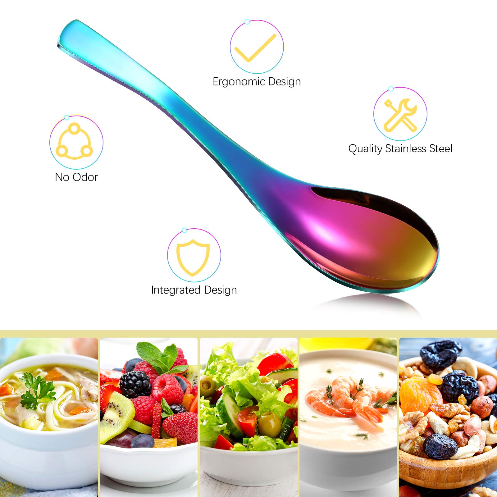 6 Pieces Rainbow Soup Spoon Colorful Stainless Steel Spoon Mirror Finish Spoons Kitchen Serving Spoons for Soup Rice Tea Milk Coffee Dessert