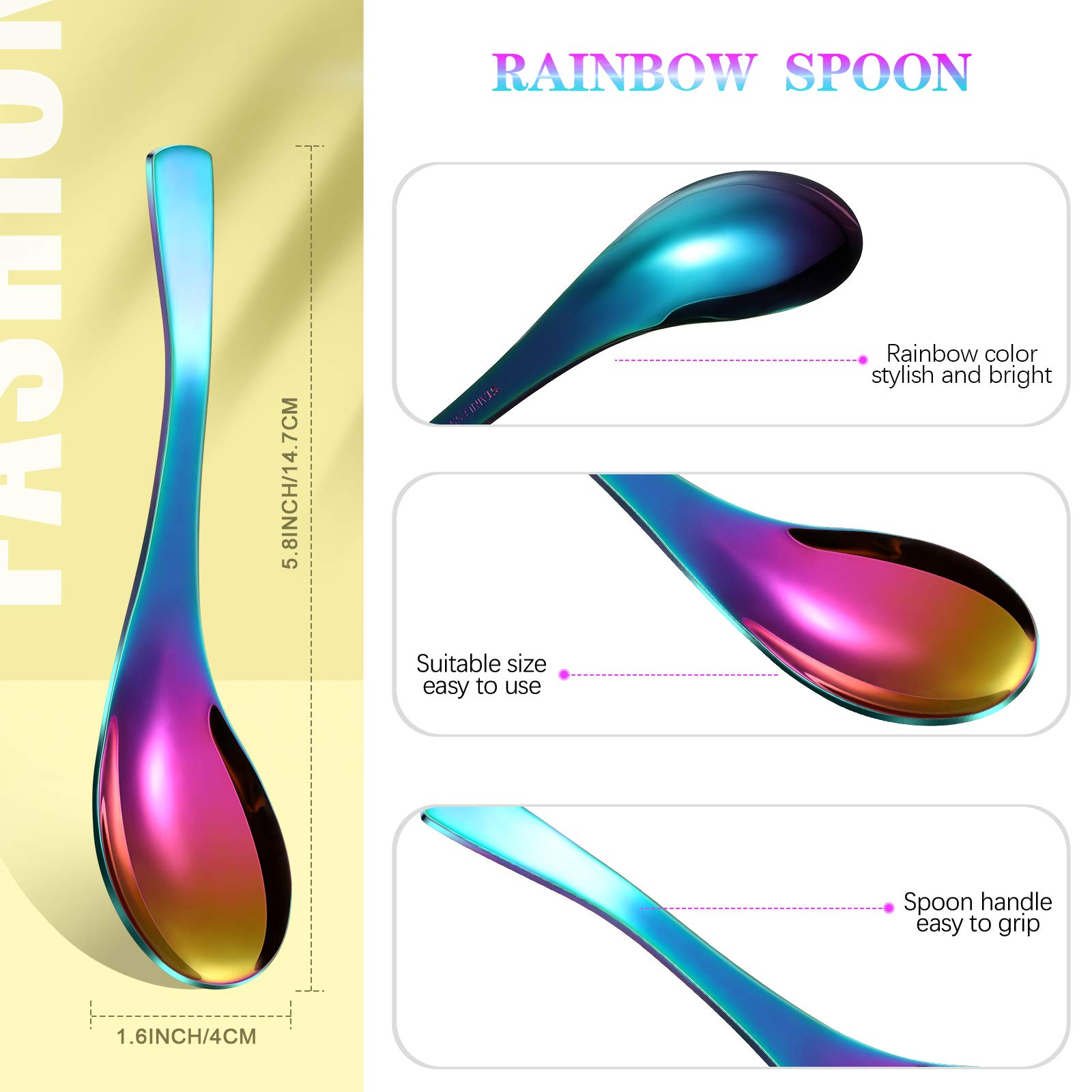 6 Pieces Rainbow Soup Spoon Colorful Stainless Steel Spoon Mirror Finish Spoons Kitchen Serving Spoons for Soup Rice Tea Milk Coffee Dessert