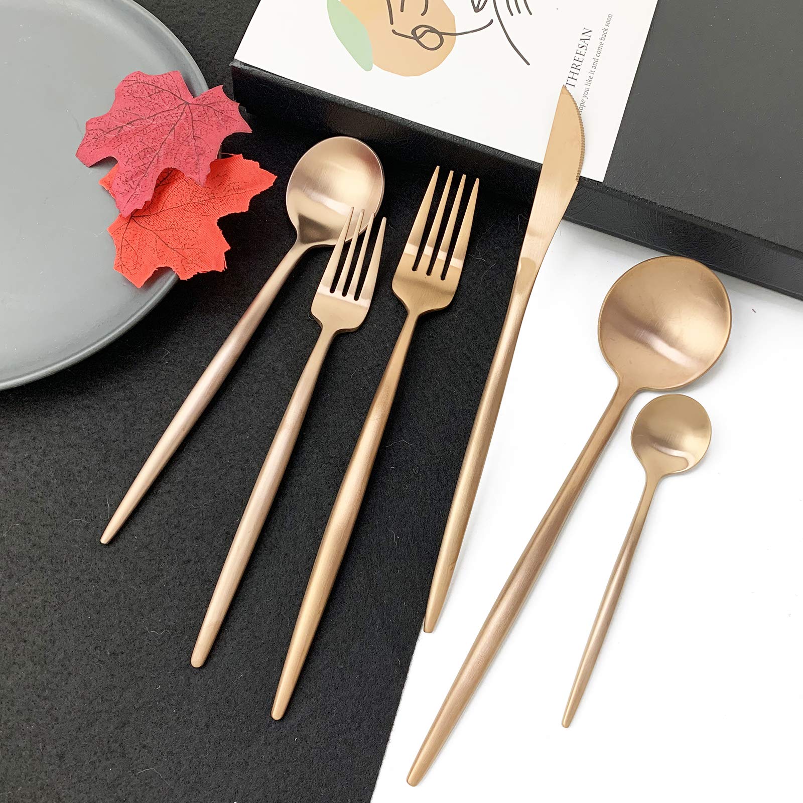 JASHII 18/10 Rose Gold Flatware Silverware Set 304 Stainless Steel Copper Flatware Cutlery Set| 24-Piece Adaline Royal Modern Satin Finish| BEST Birthday Wedding Gift (Rose Gold Matte 4 Sets)