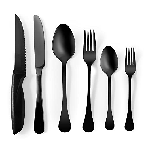 HAPPY KIT High Carbon Steak Knives with Black Silverware Set for 4, Stainless Steel Spoons and Forks Set Black Dish Utensil Set for Home and Restaurant, Forks and Spoons Silverware Set of 24