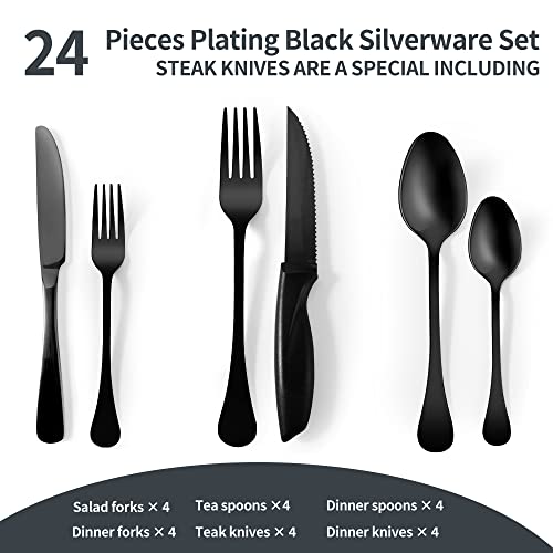 HAPPY KIT High Carbon Steak Knives with Black Silverware Set for 4, Stainless Steel Spoons and Forks Set Black Dish Utensil Set for Home and Restaurant, Forks and Spoons Silverware Set of 24