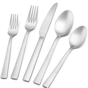 40-Piece Matte Silverware Set, E-far Stainless Steel Flatware Set Service for 8, Metal Cutlery Eating Utensils Tableware Includes Forks/Spoons/Knives, Square Edge