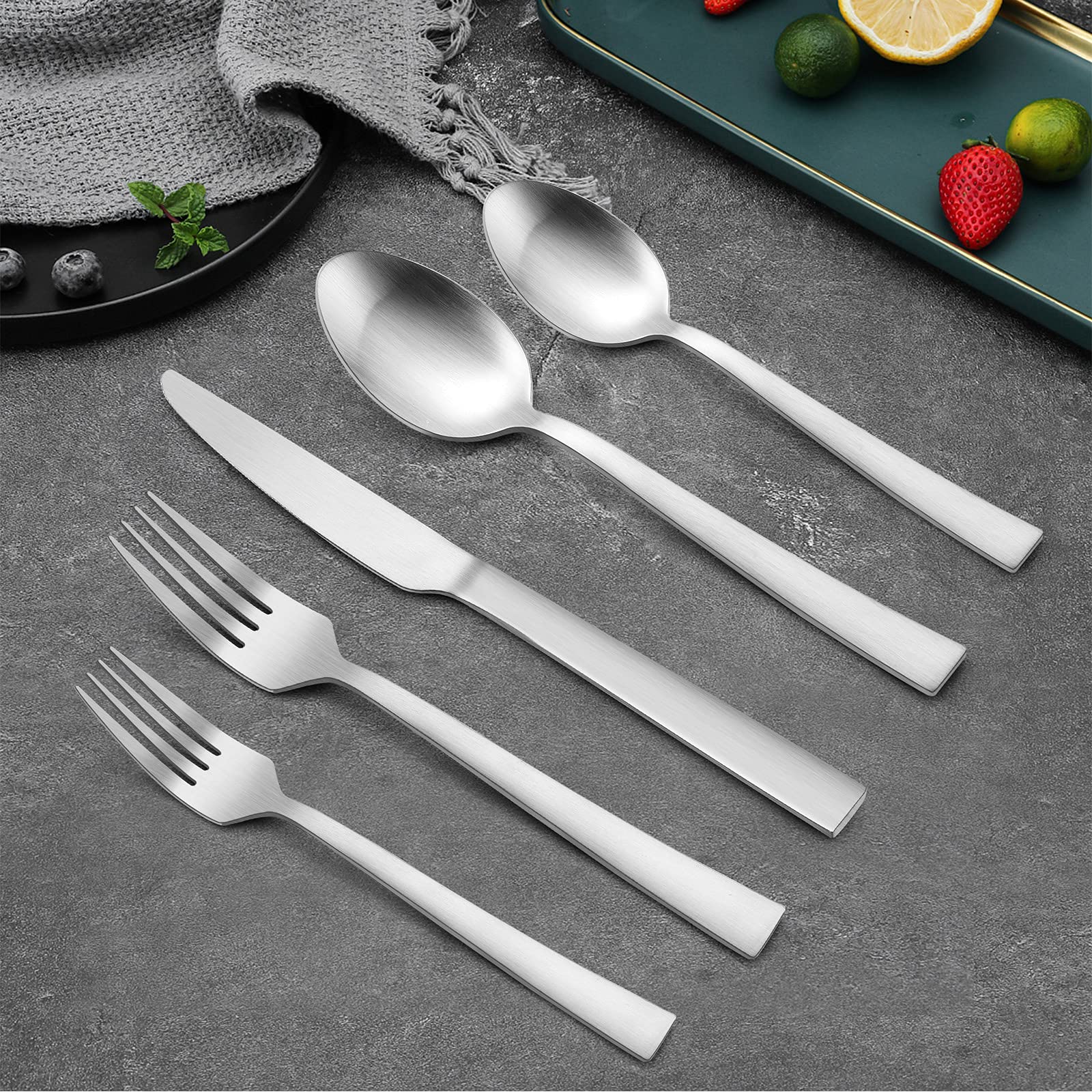 40-Piece Matte Silverware Set, E-far Stainless Steel Flatware Set Service for 8, Metal Cutlery Eating Utensils Tableware Includes Forks/Spoons/Knives, Square Edge