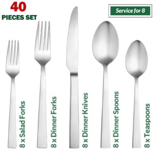 40-Piece Matte Silverware Set, E-far Stainless Steel Flatware Set Service for 8, Metal Cutlery Eating Utensils Tableware Includes Forks/Spoons/Knives, Square Edge