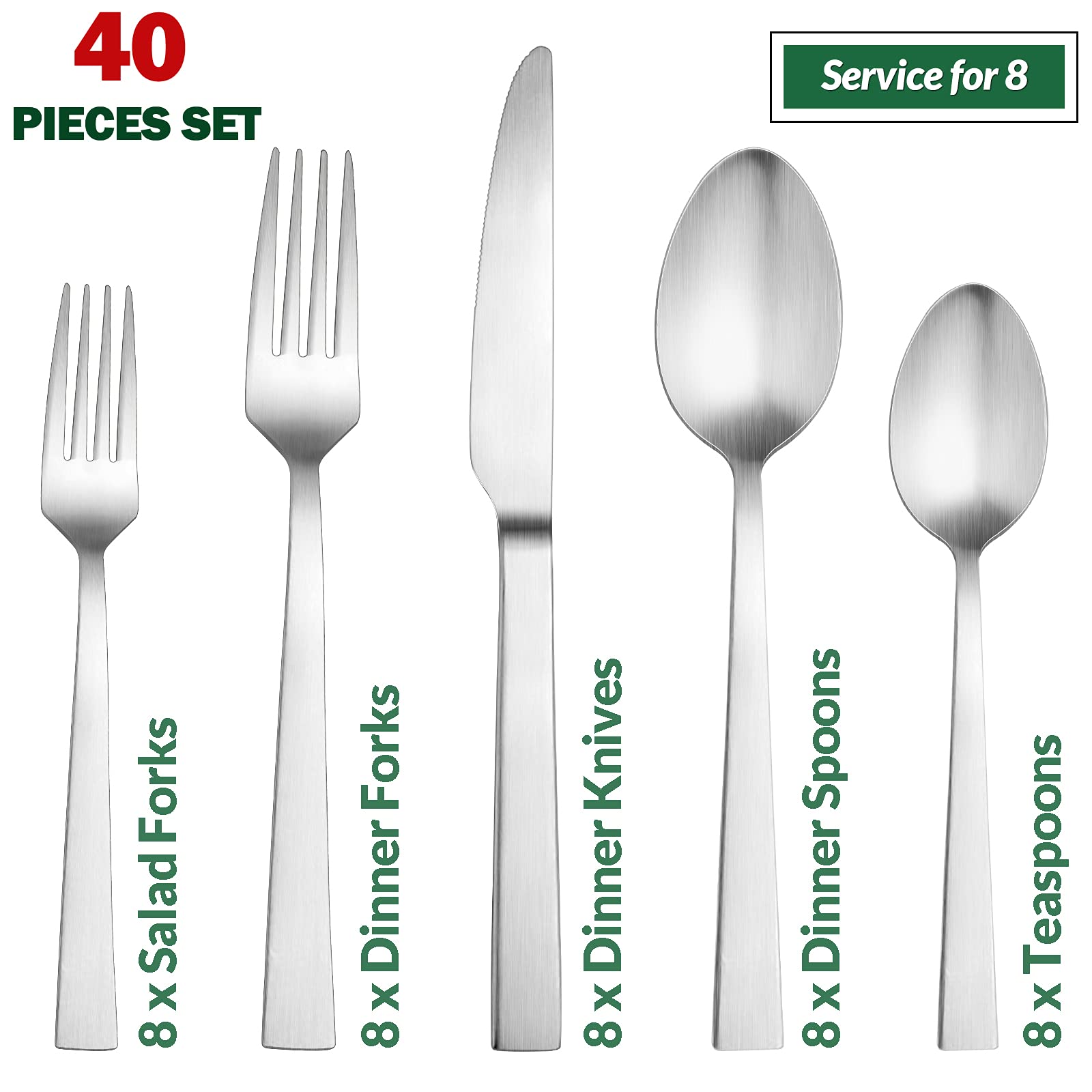 40-Piece Matte Silverware Set, E-far Stainless Steel Flatware Set Service for 8, Metal Cutlery Eating Utensils Tableware Includes Forks/Spoons/Knives, Square Edge