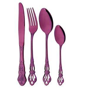 jankng mirror polished purple silverware set, 24-piece 18/10 stainless steel shiny finish flatware set service for 6, kitchen utensil set, tableware cutlery set for home and restaurant dishwasher safe