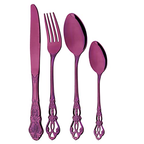 JANKNG Mirror Polished Purple Silverware Set, 24-Piece 18/10 Stainless Steel Shiny Finish Flatware Set Service for 6, Kitchen Utensil Set, Tableware Cutlery Set for Home and Restaurant Dishwasher Safe