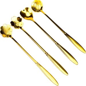 stainless steel tableware creative flower coffee spoon, sugar spoon, stirring spoon, mixing spoon, stir bar spoon, tea spoon, ice tea spoon for tea, cake, dessert ice cream spoon, set of 4, (gold - 4)