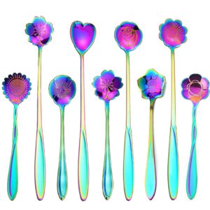 flower spoon coffee teaspoon set, pbiehsr stainless steel tea spoon two different lengths dessert spoon for stirring drink mixing milkshake jam, set of 9 (multicolor)