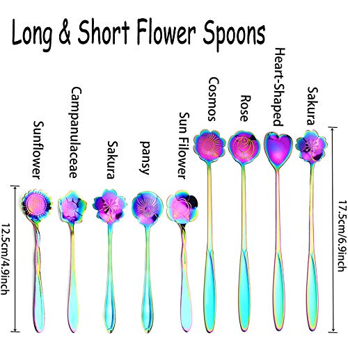 Flower Spoon Coffee Teaspoon Set, PBIEHSR Stainless Steel Tea Spoon Two Different Lengths Dessert Spoon for Stirring Drink Mixing Milkshake Jam, Set of 9 (Multicolor)