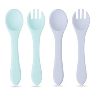 pandaear baby silicone soft bendable utensils spoons forks| training feeding for kids toddlers children infants| bpa free 4 pack cutlery