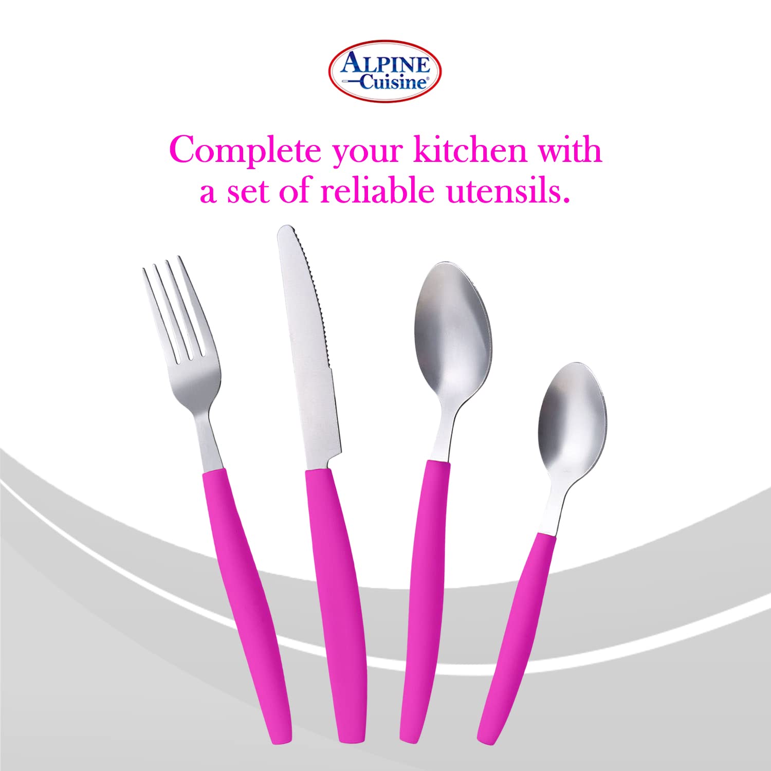 ALPINE CUISINE Flatware Set 16 Piece Service for 4, Stainless Steel Flatware Cutlery Set Includes Dinner Knives/Forks/Spoons - Great for Camping or College Dorms - Dishwasher Safe - Pink