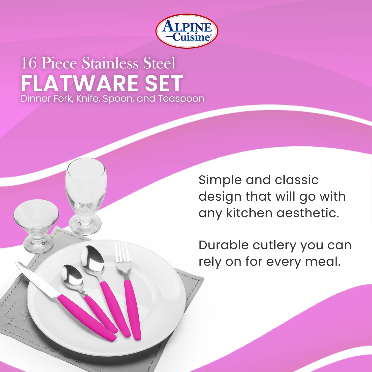 ALPINE CUISINE Flatware Set 16 Piece Service for 4, Stainless Steel Flatware Cutlery Set Includes Dinner Knives/Forks/Spoons - Great for Camping or College Dorms - Dishwasher Safe - Pink