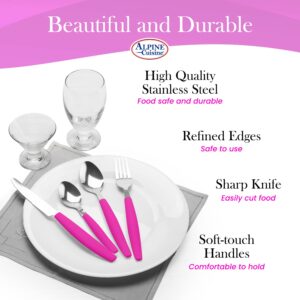 ALPINE CUISINE Flatware Set 16 Piece Service for 4, Stainless Steel Flatware Cutlery Set Includes Dinner Knives/Forks/Spoons - Great for Camping or College Dorms - Dishwasher Safe - Pink