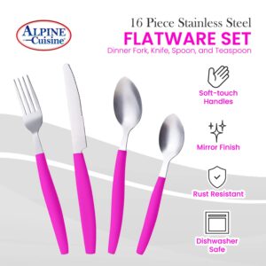 ALPINE CUISINE Flatware Set 16 Piece Service for 4, Stainless Steel Flatware Cutlery Set Includes Dinner Knives/Forks/Spoons - Great for Camping or College Dorms - Dishwasher Safe - Pink