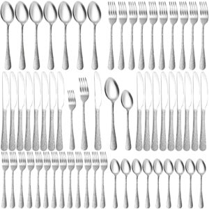 shimeyao 80 pcs hammered silverware set, stainless steel square flatware set for 16 tableware set eating utensils with modern design, dishwasher safe for kitchen restaurant