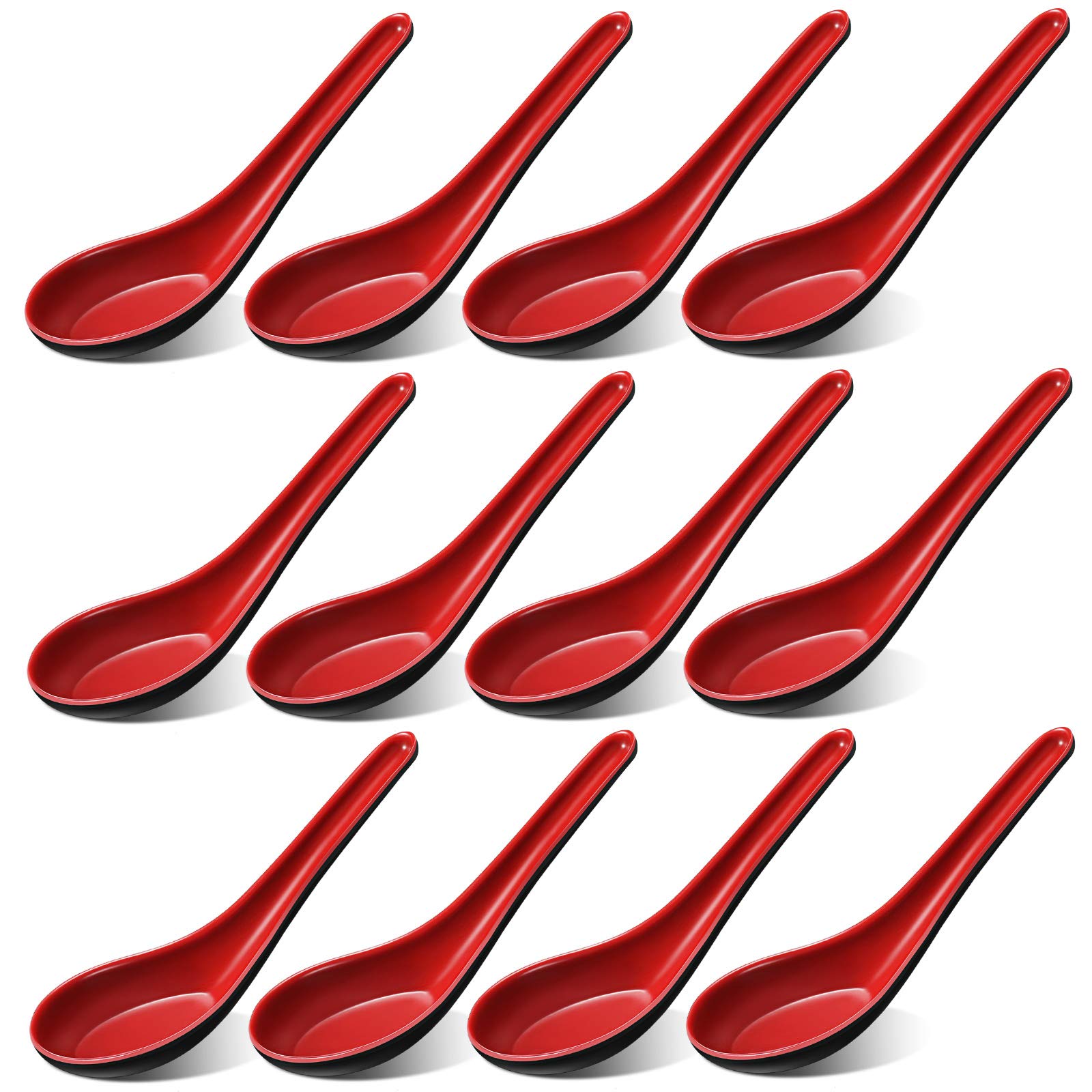 Vesici 12 Pcs Asian Soup Spoons Chinese Japanese Soup Spoon Melamine Rice, Wonton, Soba, Pho, Ramen, Noodle Soup Spoons Asian Red and Black for Kitchen and Home