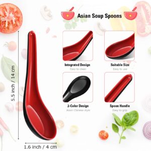 Vesici 12 Pcs Asian Soup Spoons Chinese Japanese Soup Spoon Melamine Rice, Wonton, Soba, Pho, Ramen, Noodle Soup Spoons Asian Red and Black for Kitchen and Home