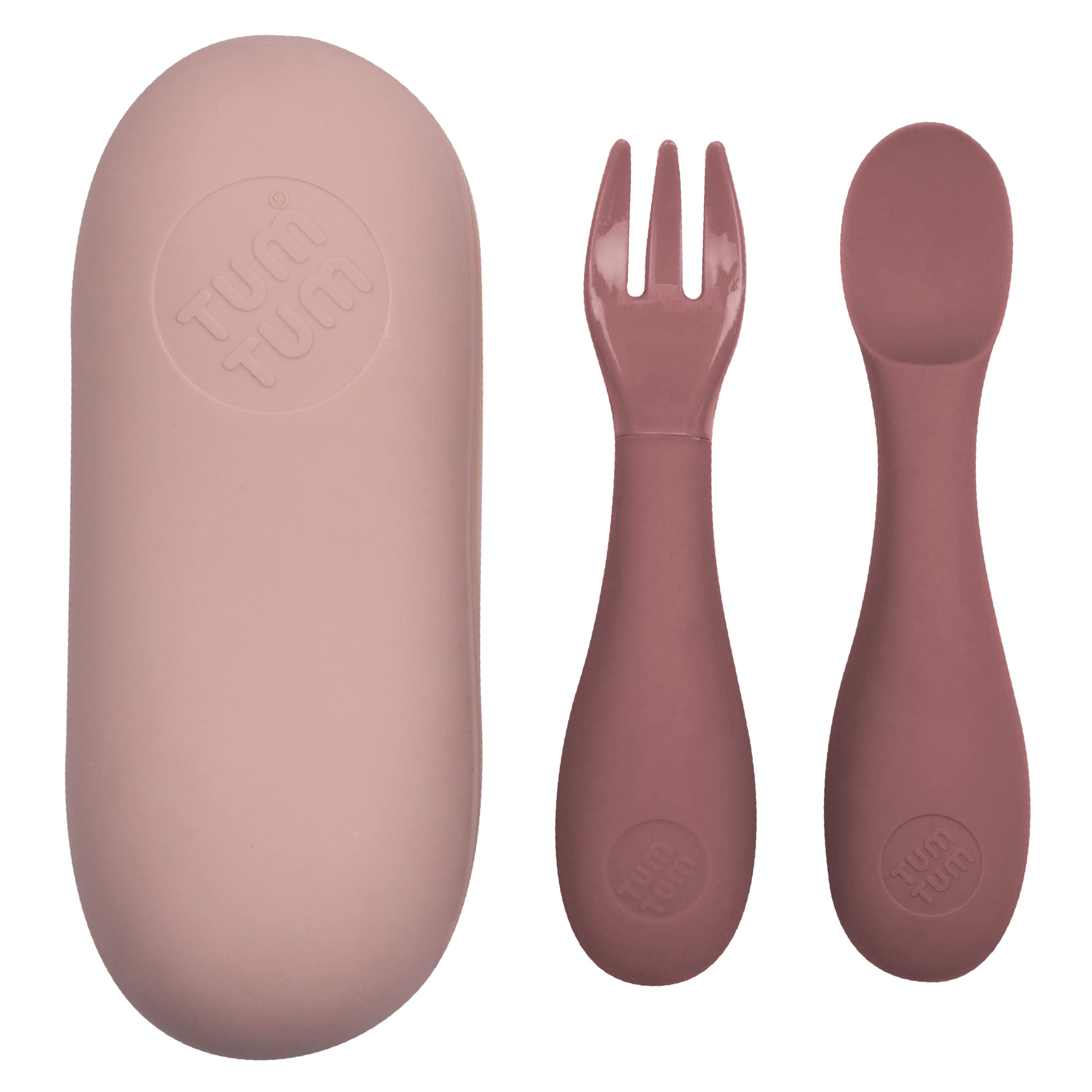 TUM TUM Baby Cutlery with Case, Baby Spoon & Fork Set, Baby Cutlery for Babies, First self Feeding Cutlery, Silicone Baby Spoon & Fork, 6 Months Plus, (Pink)