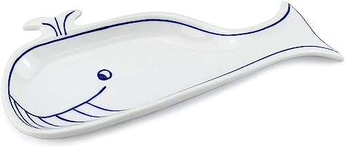 Cornucopia Whale Spoon Rest; Blue and White Ceramic Novelty Spoon Holder for Kitchen Stove