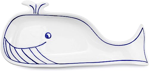 Cornucopia Whale Spoon Rest; Blue and White Ceramic Novelty Spoon Holder for Kitchen Stove